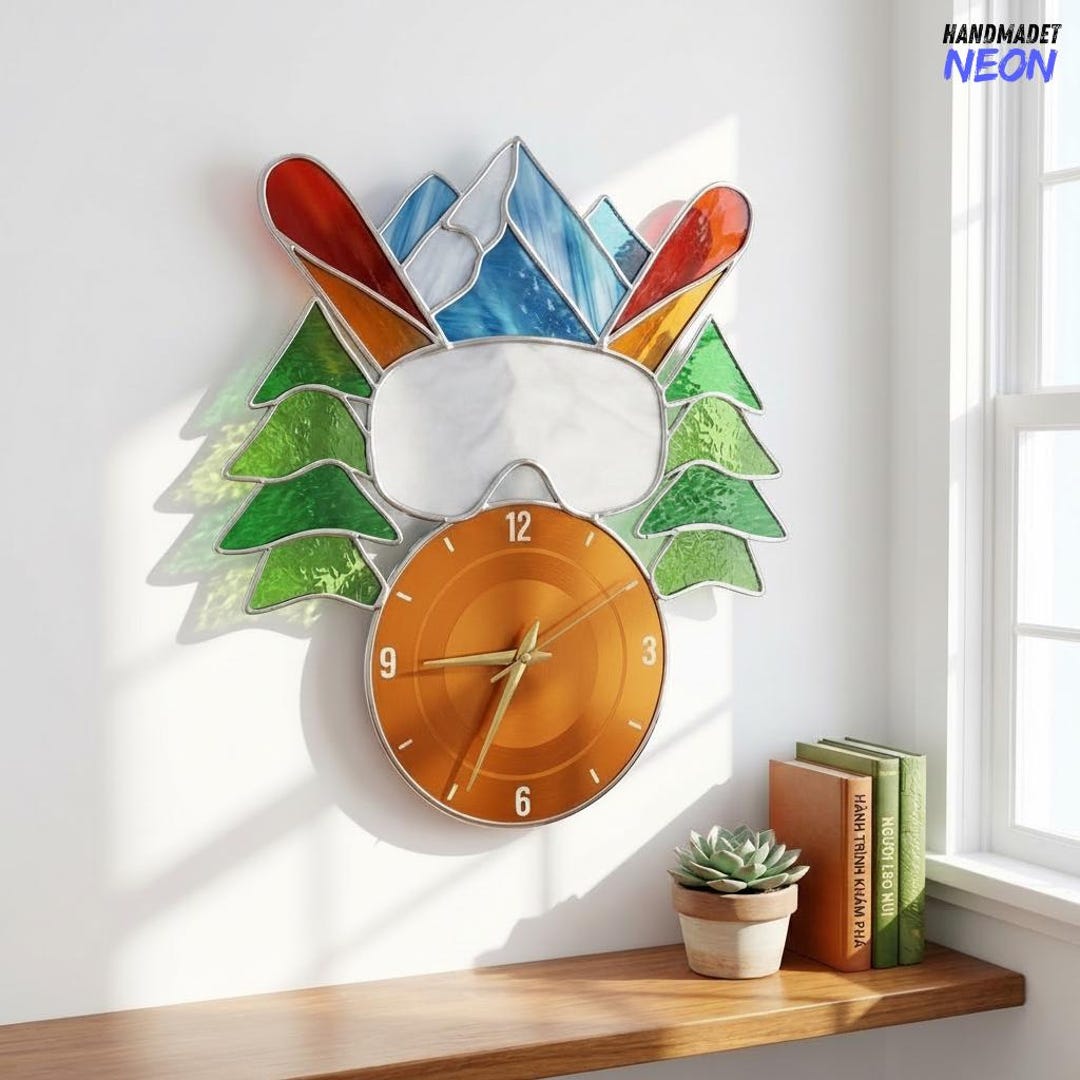 Custom Après Ski Stained Glass Clock, Mountain Suncatcher Art Decor ...