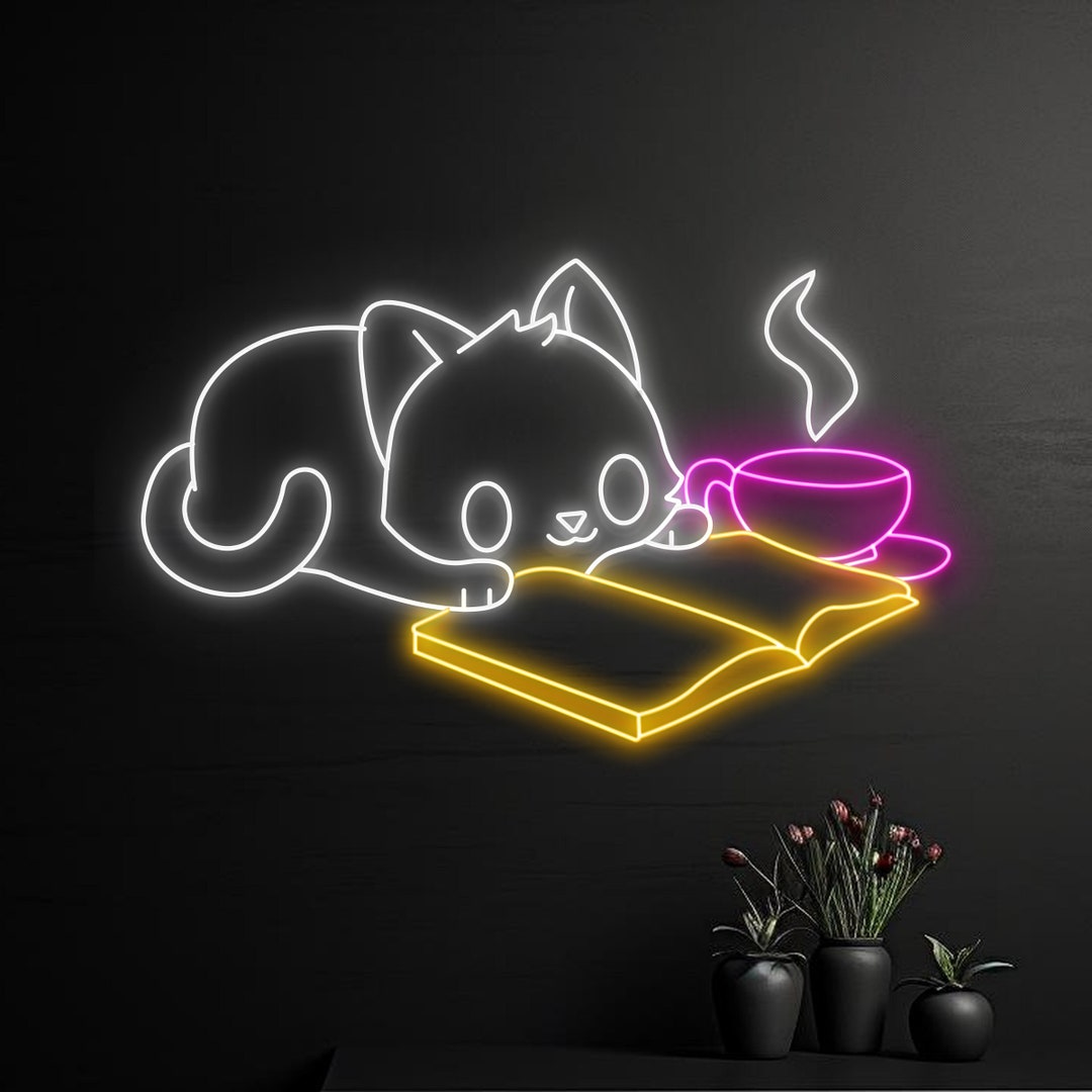 Custom Cat Reading Book Neon Sign, Cat Book LED Light, Cat Led Sign ...