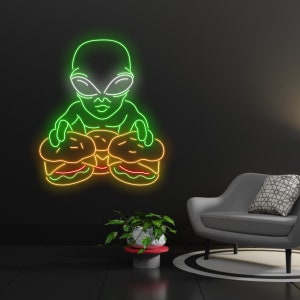 Alien Eating Burger Neon Sign, Burger Alien Neon Light, Alien Eats ...