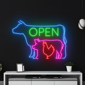 Butcher Shop Open Neon Sign, Cow Pig Chicken LED Light, Market Wall ...