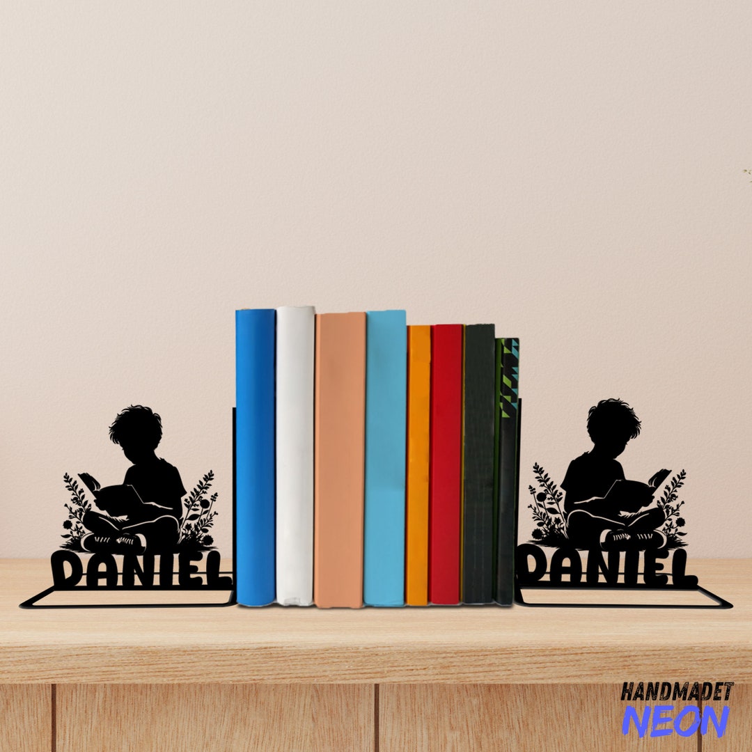 Custom Boy Reading Book Metal Bookends, Bookworm Name Bookend, Read ...