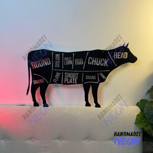 Personalized Cow Beef Cuts Metal Wall Art LED Light, Custom Meat ...