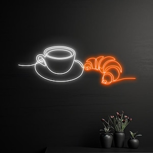 Croissant Coffee Neon Sign, Cafe Croissant Neon Light, Tea Cup ...