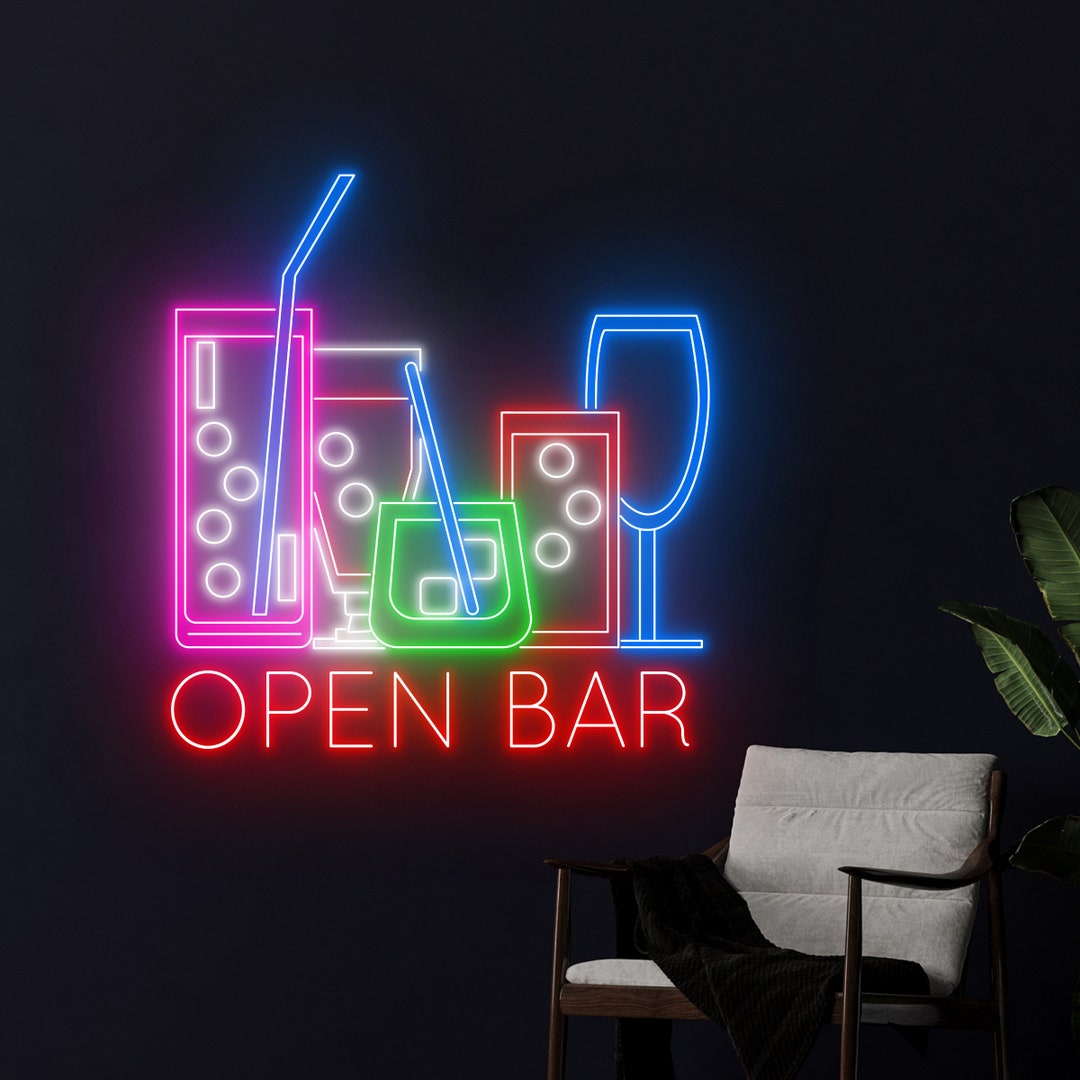 Open Bar Neon Sign, Bar Logo LED Light, Cocktail Wine Bar Neon Light ...