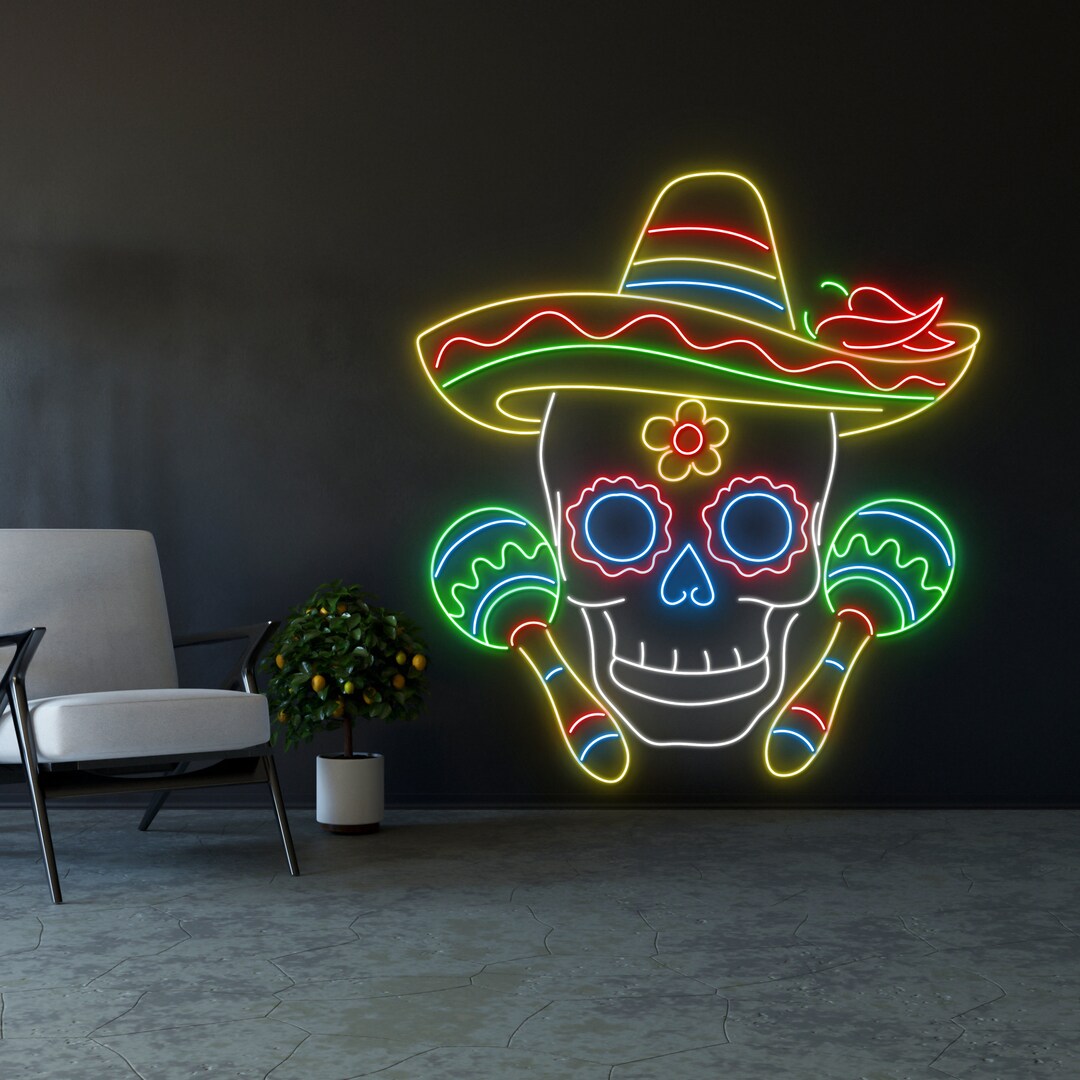 Mexican Skull Neon Sign, Mexican Skull Led Sign, Mexican Skull Neon ...