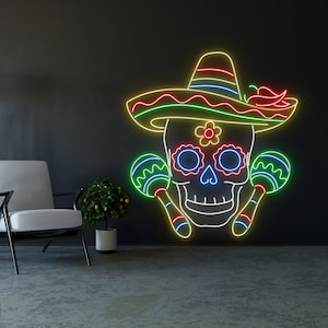 Mexican Skull Neon Sign, Mexican Skull Led Sign, Mexican Skull Neon ...