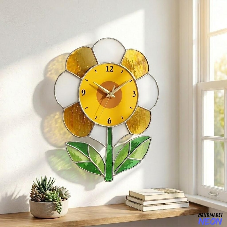 Custom Flower Stained Glass Wall Clock, Floral Suncatcher Wall Decor ...