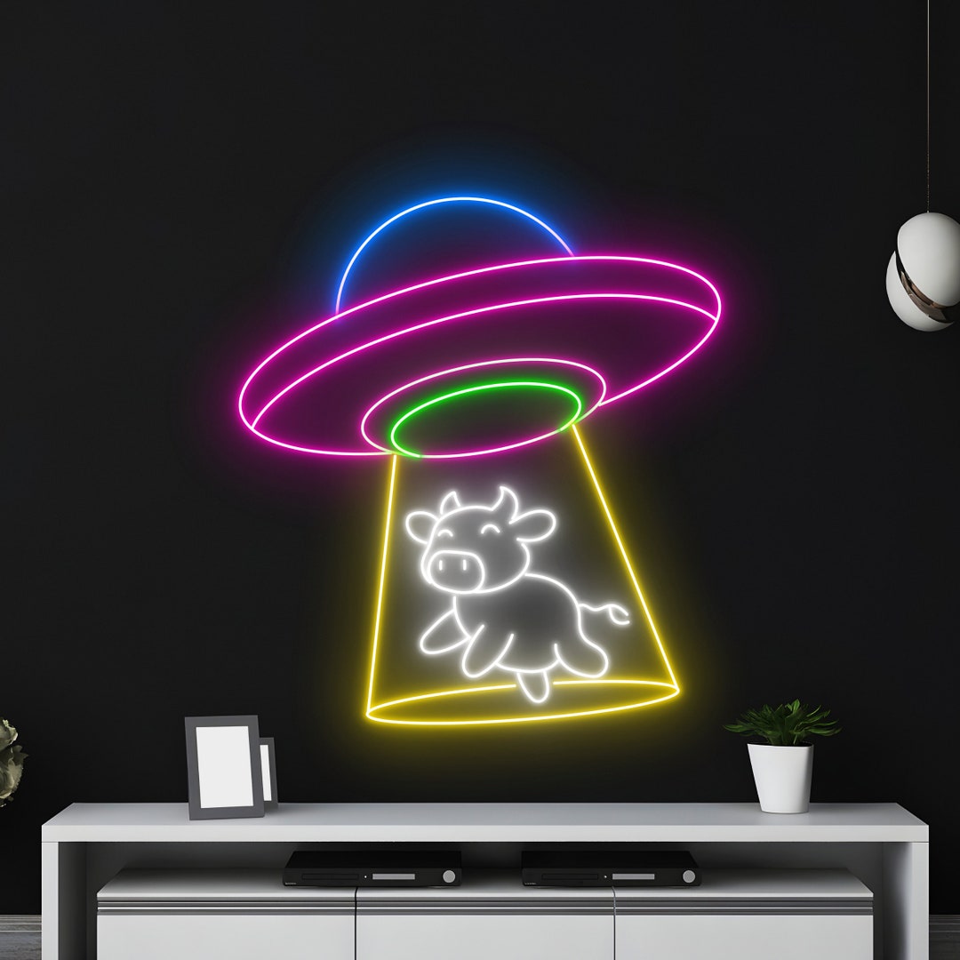 UFO Abduction A Cow Neon Sign, UFO Cow Animal Led Sign, Cow UFO Neon ...