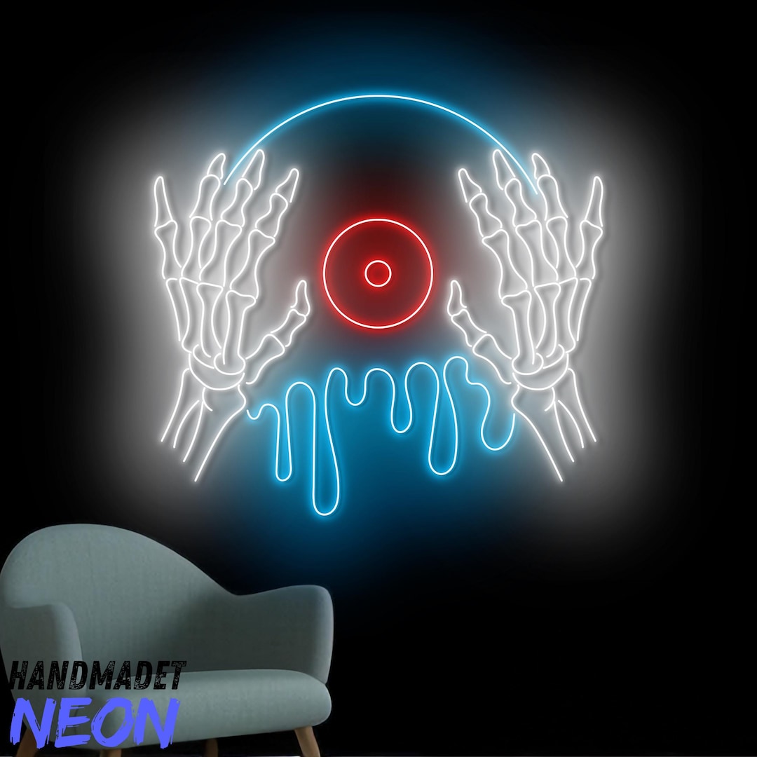 Record Disc With Skeleton Hands Neon Sign, Record Dripping Led Sign ...