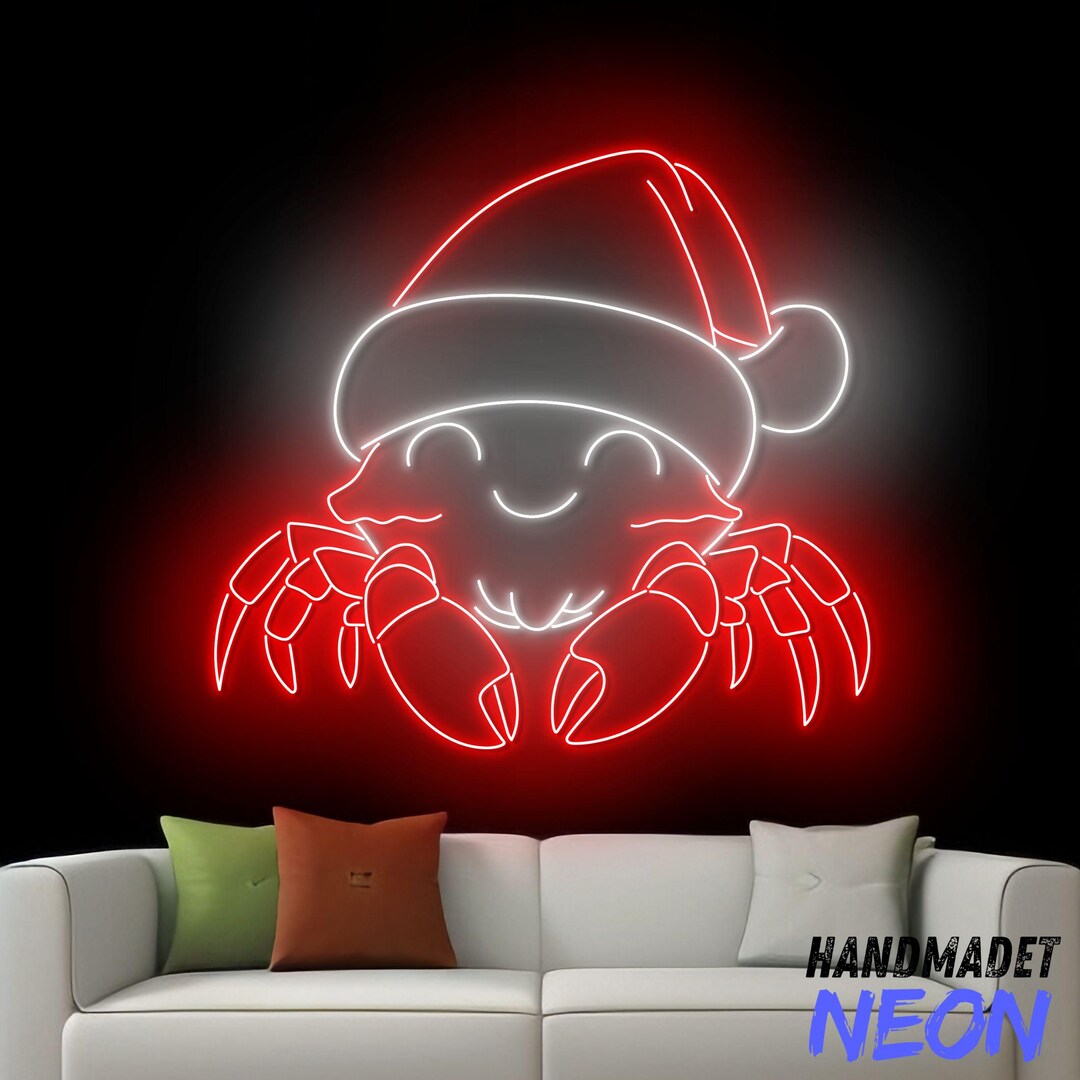 Crab Christmas Hat Neon Sign, Christmas Crab Led Sign, Crab Santa Led ...