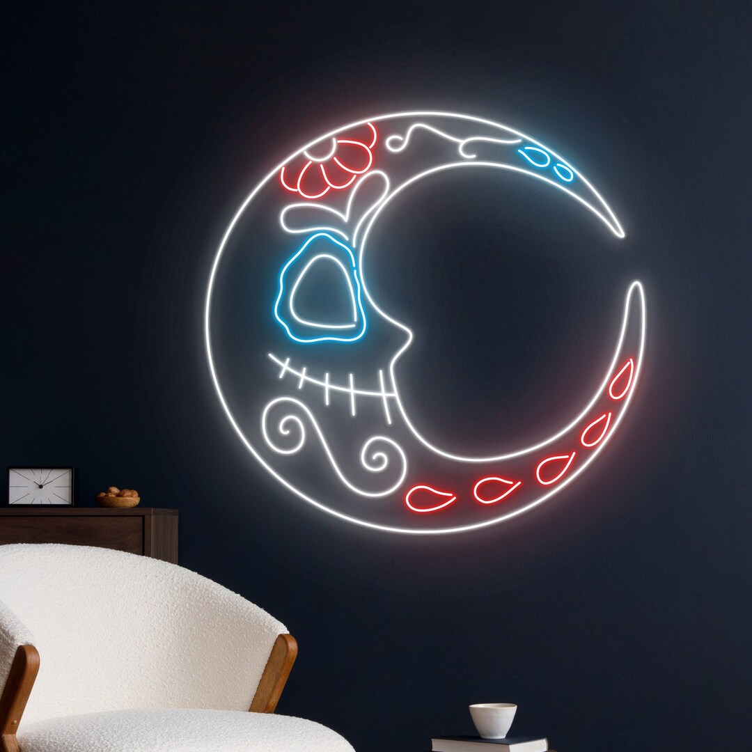 Sugar Moon Neon Sign, Sugar Skull Moon Led Sign, Magic Moon Neon Light ...