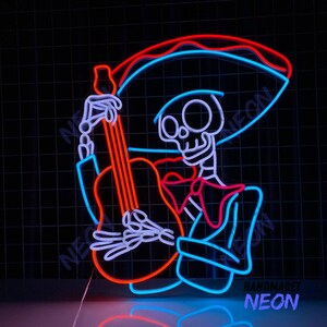 Mexican Skeleton Playing Guitar Neon Sign, Skeleton in Sombrero Neon ...