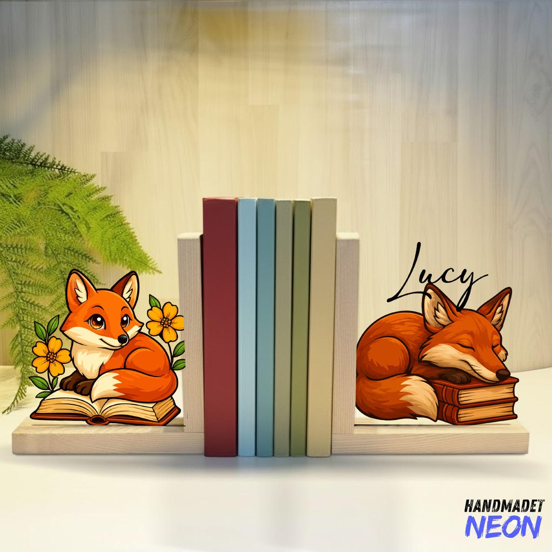 Custom Fox Metal Bookends With Name, Wooden Book Holder Decor, Rustic ...