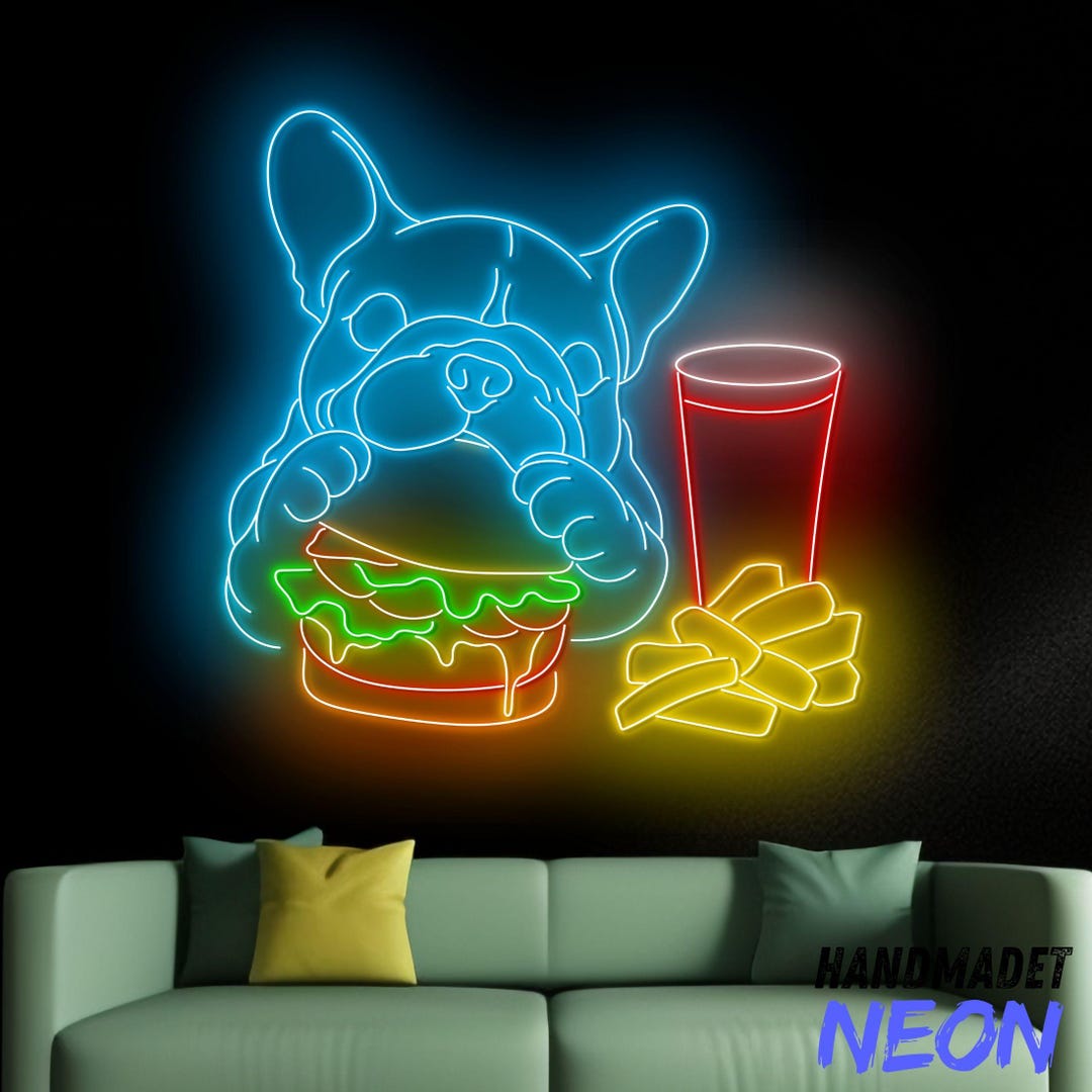 French Bulldog Eating Burger Neon Sign, Burger Bulldog Led Sign, Burger ...