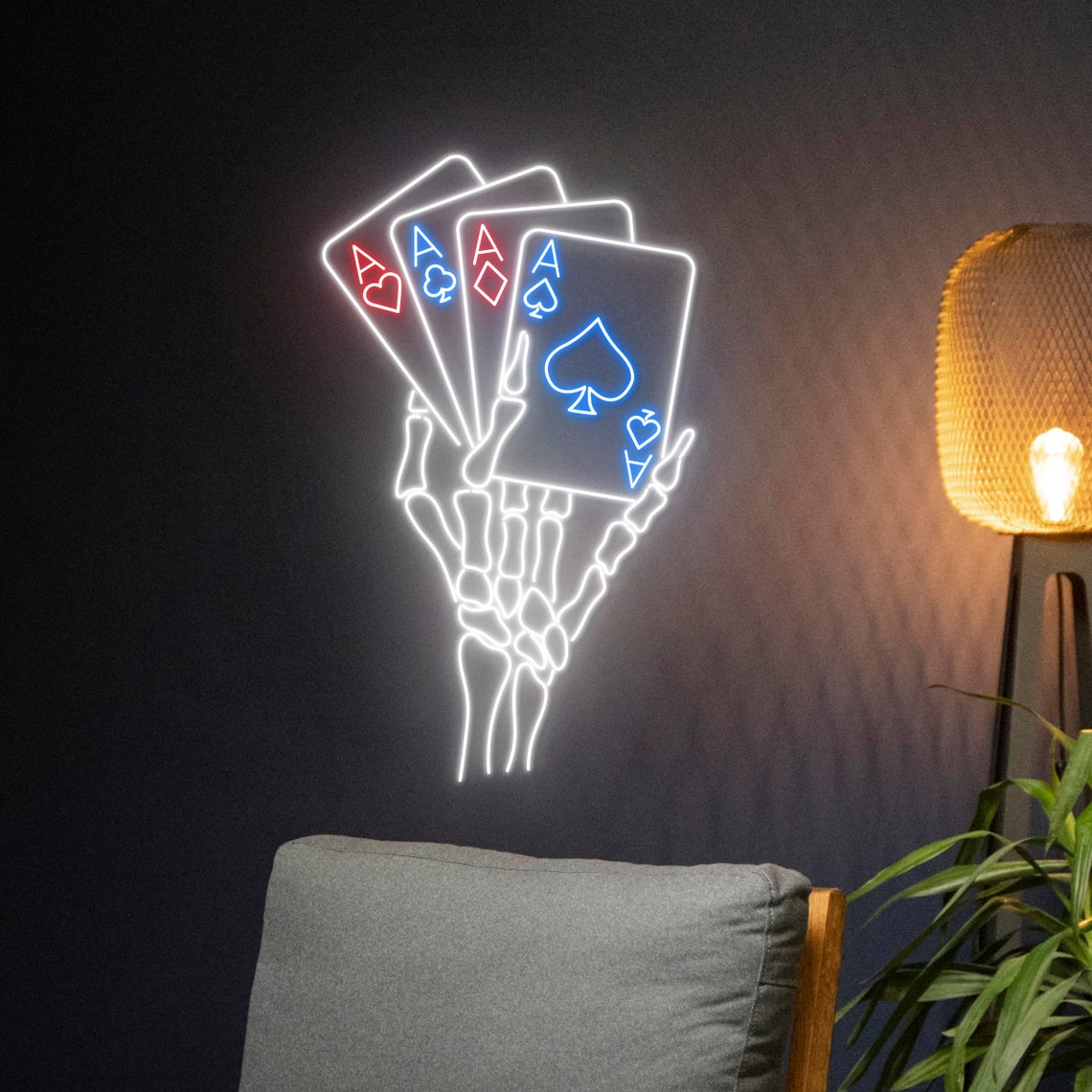Skeleton Holding Poker Cards Neon Sign, Poker Cards Skeleton Hand Neon ...