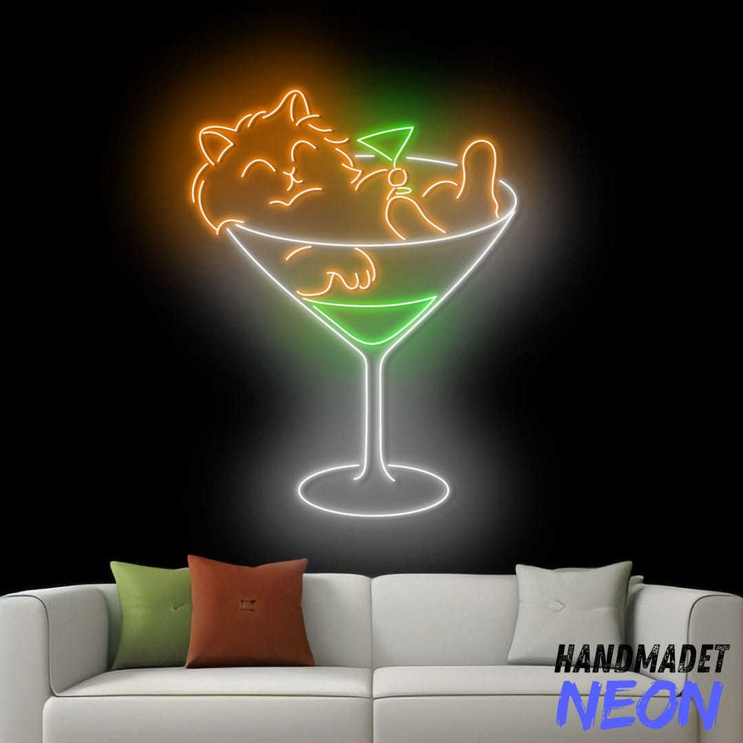 Cat Drinking Martini Neon Sign, Cute Cat Martini Led Sign, Cat Pet Neon ...