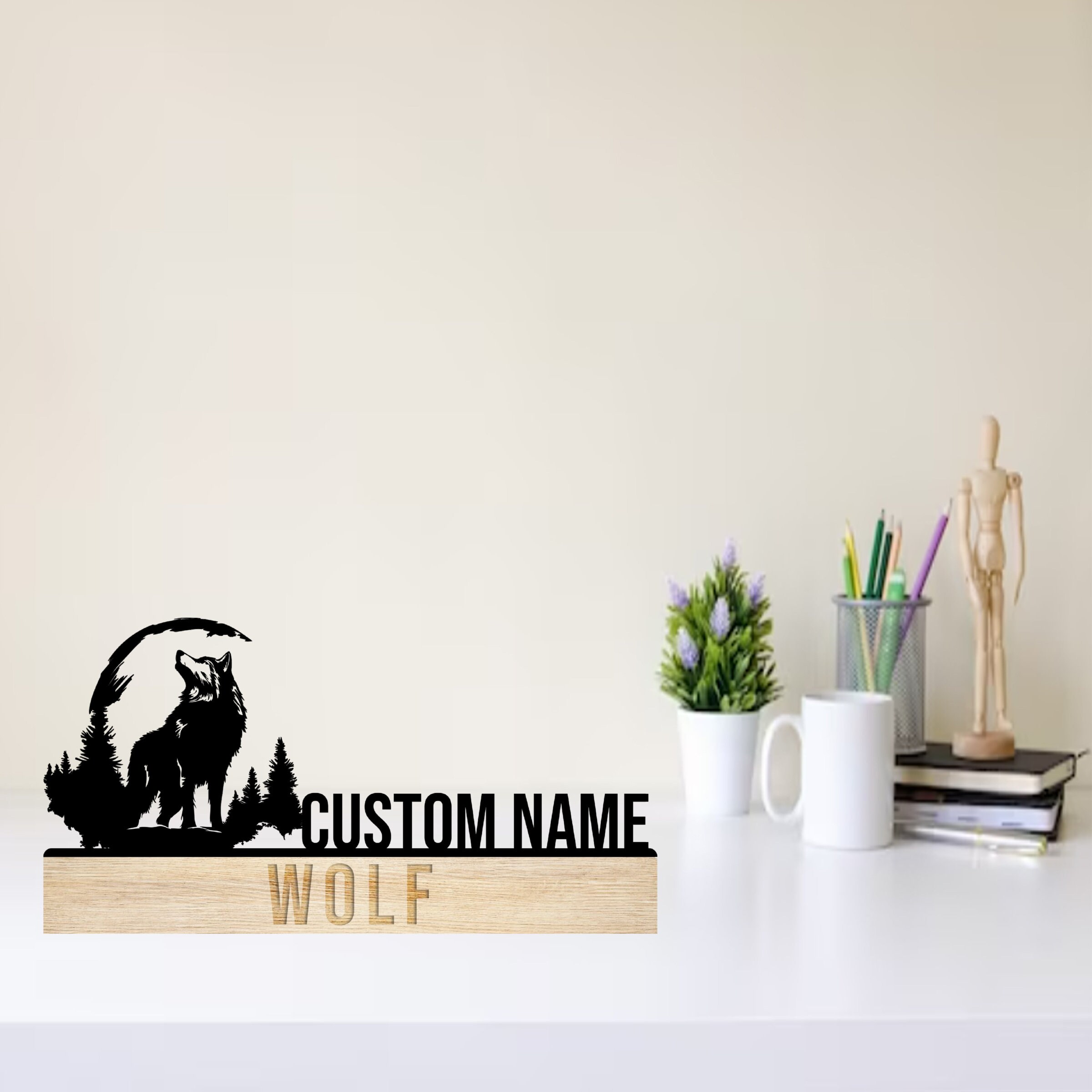 Custom Wolf Desk Name Plate, Wolf Animal Metal Nameplate for Desk, Desk ...