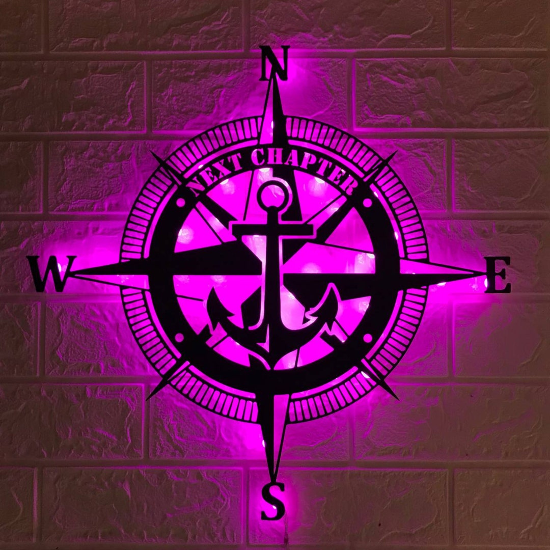 Custom Nautical Compass and Anchor Metal Wall Art LED Light ...