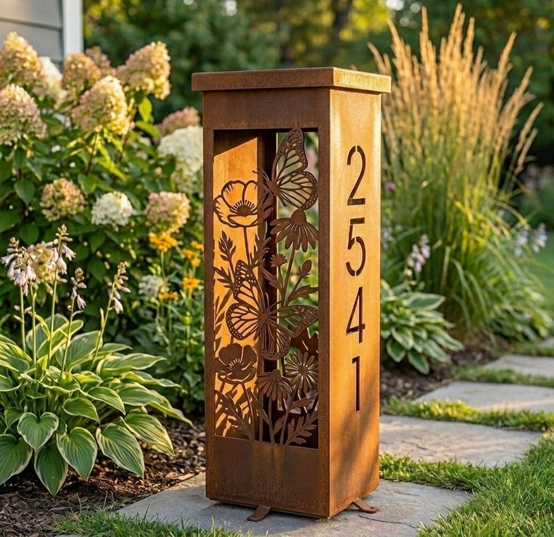 Wildflower Metal Garden Column Address Sign, Butterfly Floral House ...