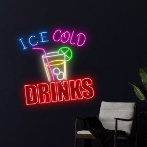 Ice Cold Drinks Neon Sign, Ice Cold Led Light, Cocktail Glass Led Sign ...
