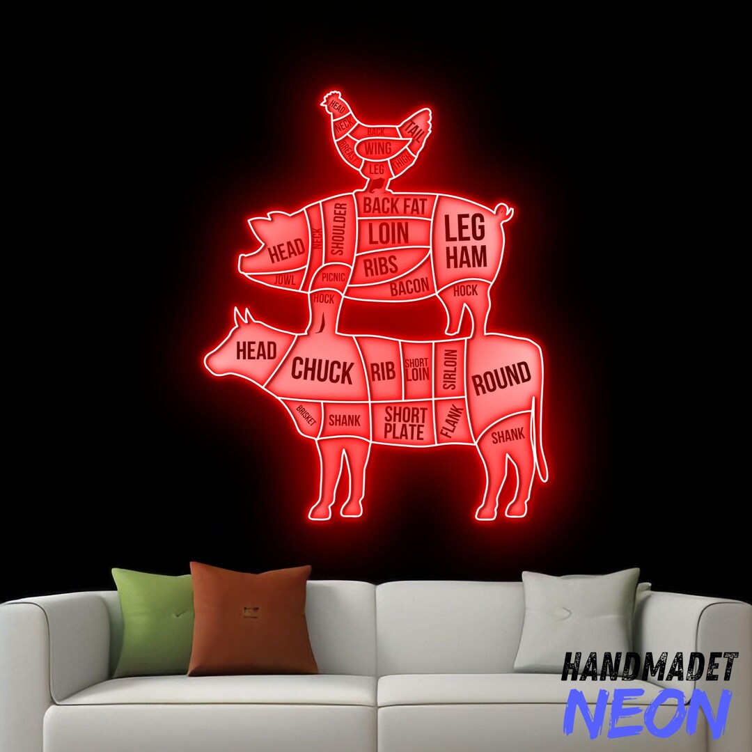 Butcher Shop Neon Acrylic Sign, Butcher Led Sign, Chicken Pig Cow Neon ...