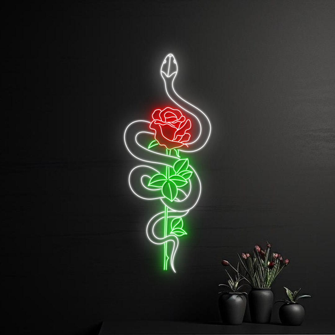 Snake Rose Flower Neon Light, Rose Snake Led Sign, Floral Snake Neon ...