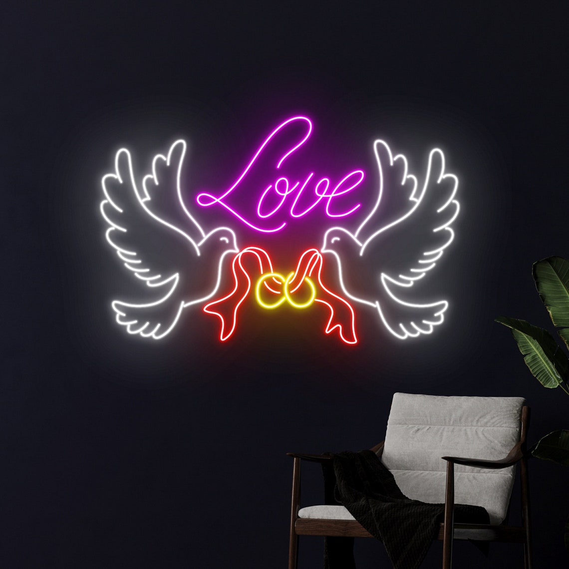 Love Dove Rings Neon Sign, Flying Pigeon Lover LED Light, Couple Bird ...