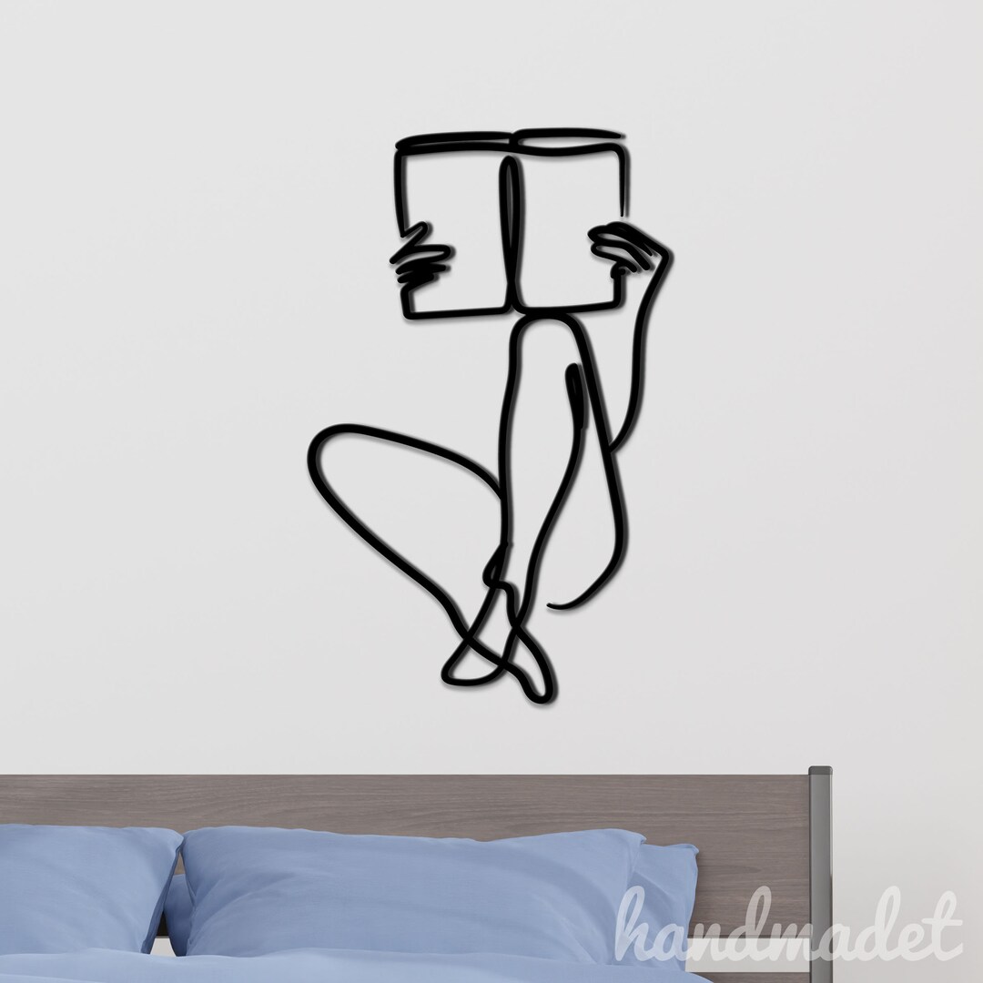 Personalized Woman Reading Book Line Art Wall Sign, Girl Wall Sign ...