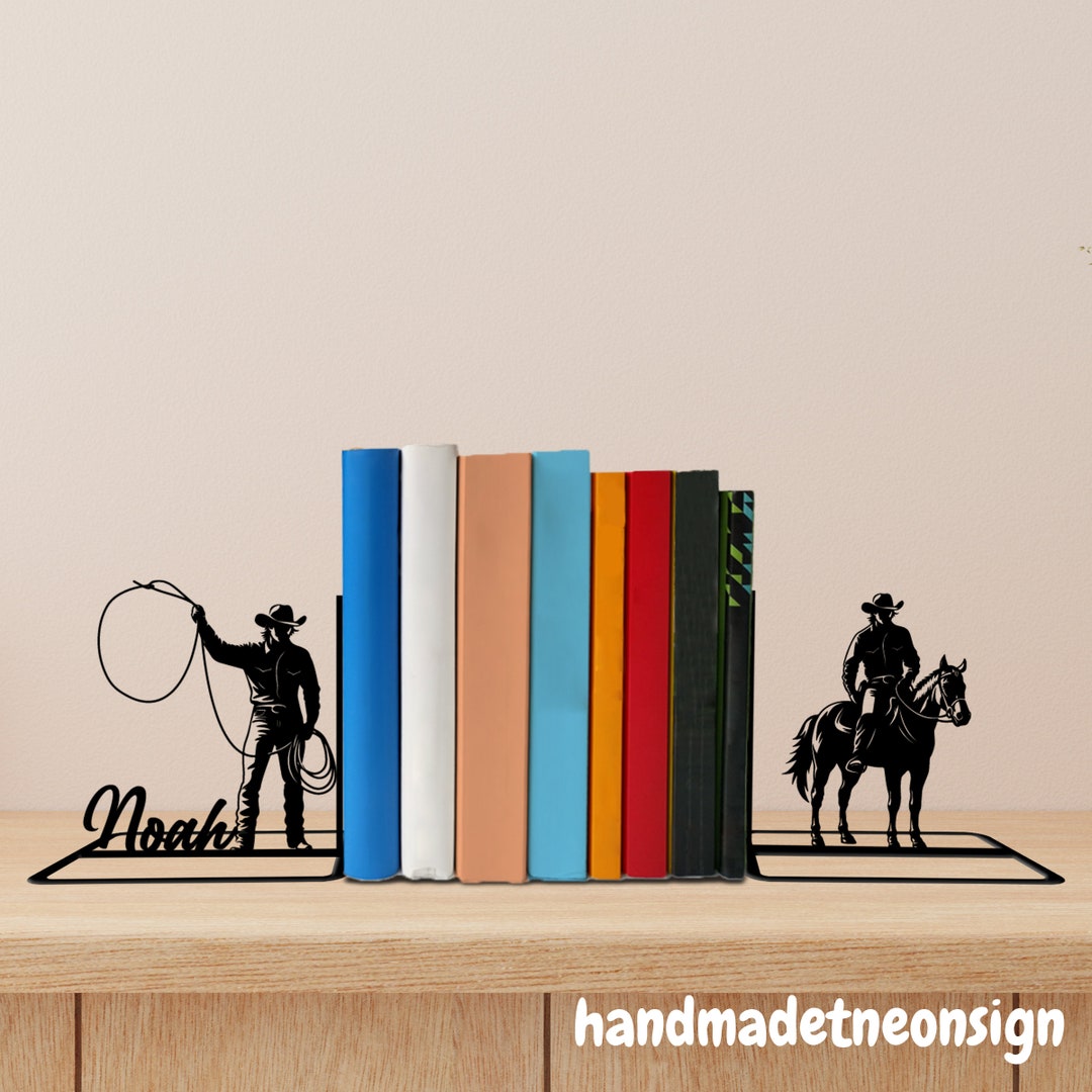 Custom Cowboy Metal Bookends Cowboy Rides Horse Name Bookend, Western ...