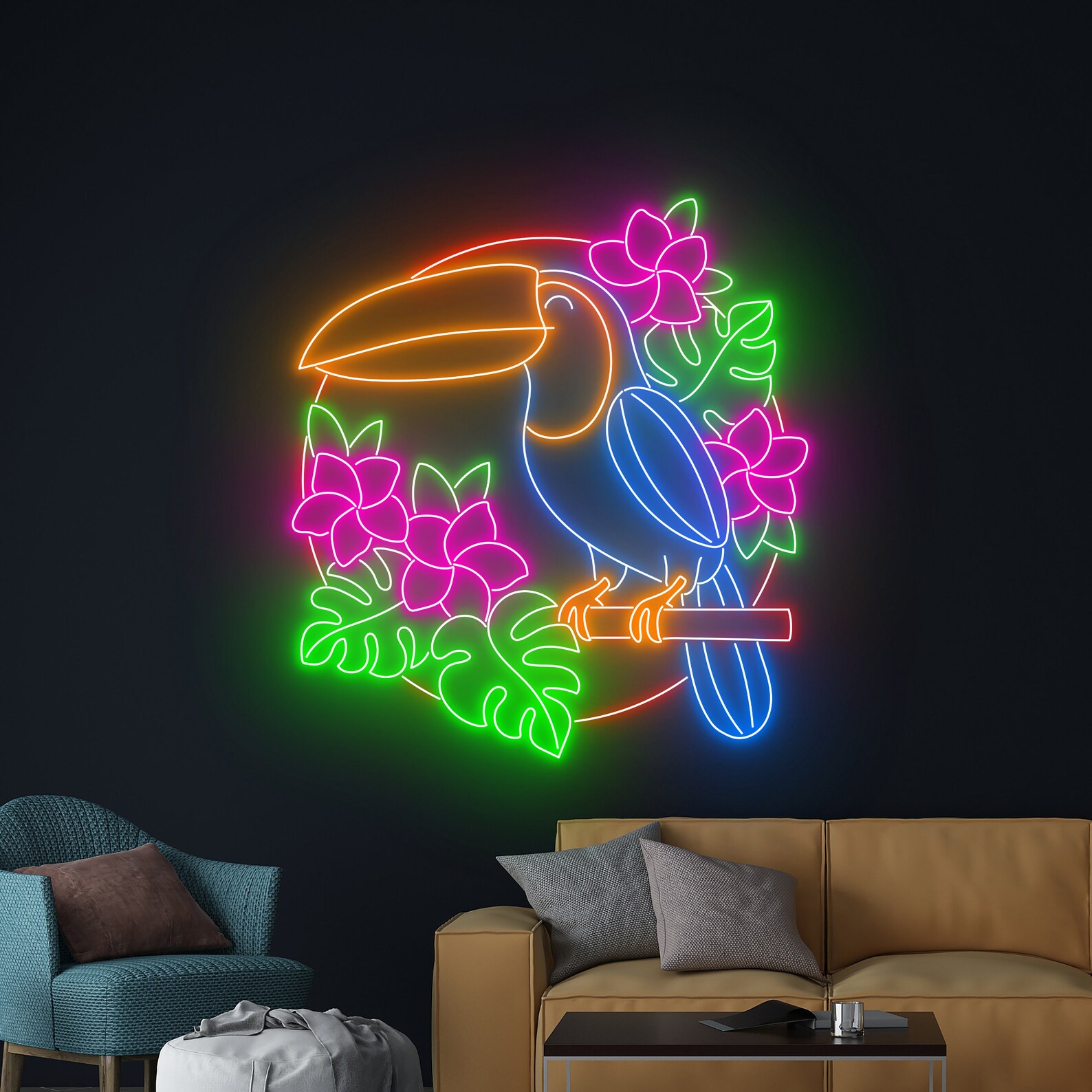 Toucan Bird Neon Light, Monstera Tropical Leaf Led Light, Green Leaf ...