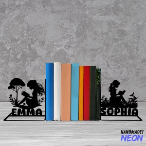 Custom Girl Reading Book Metal Bookends, Bookworm Name Bookend, Read ...