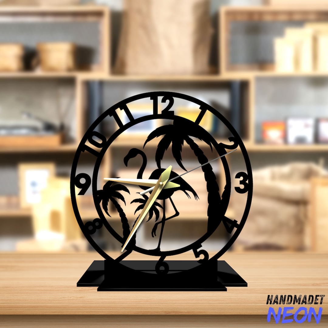 Custom Flamingo Tabletop Metal Clock, Palm Tree Office Desktop Clock ...