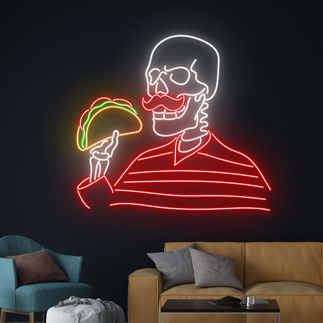 Tacos Skeleton Mustache Neon Sign, Skeleton Tacos LED Sign, Taco Neon ...