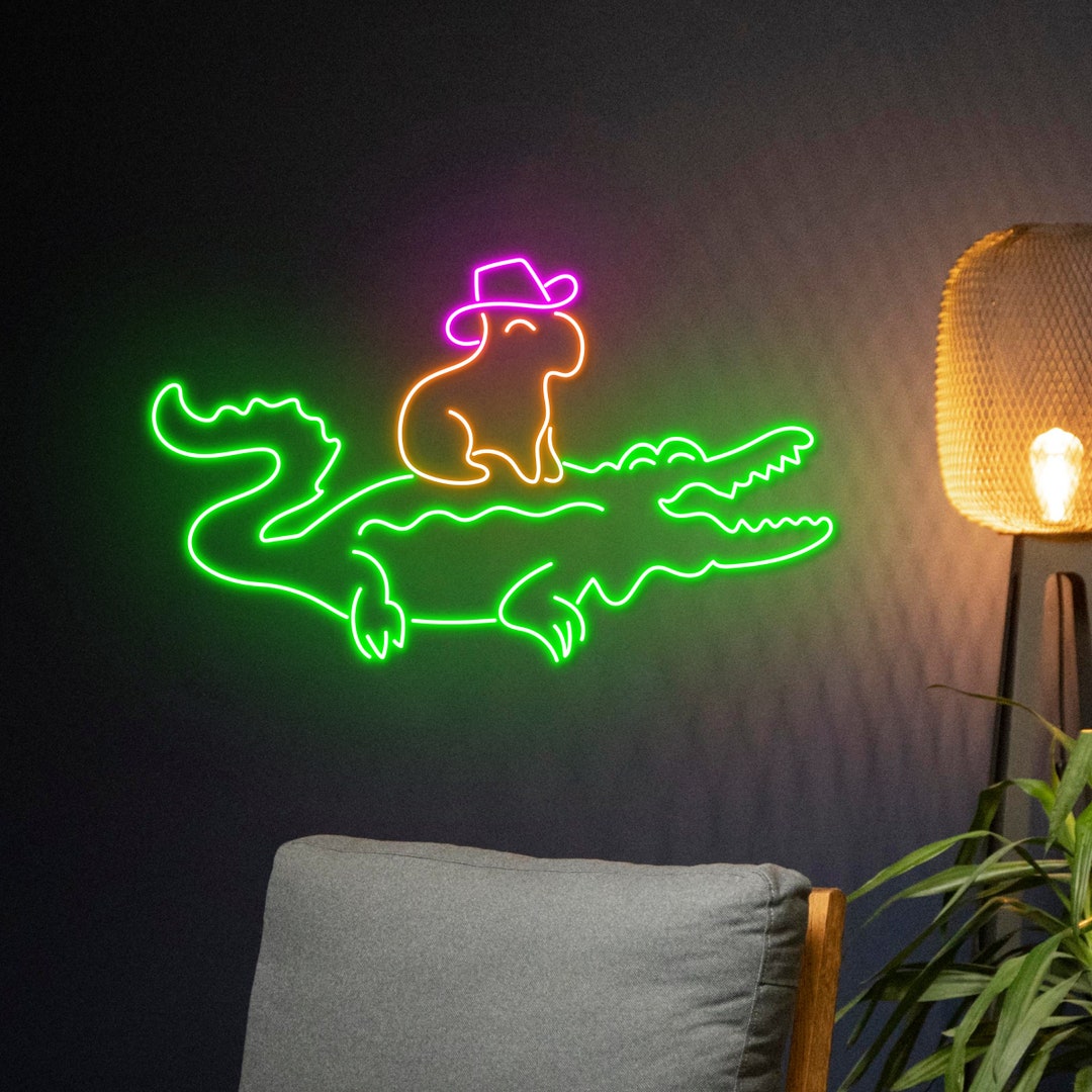 Cowboy Capybara Crocodile Neon Sign, Crocodile Capybara Cowboy Hat Led ...