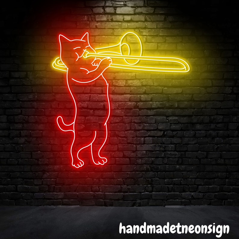 Cat Playing Trombone Neon Sign, Cute Cat Led Sign, Cat Trombone Neon ...