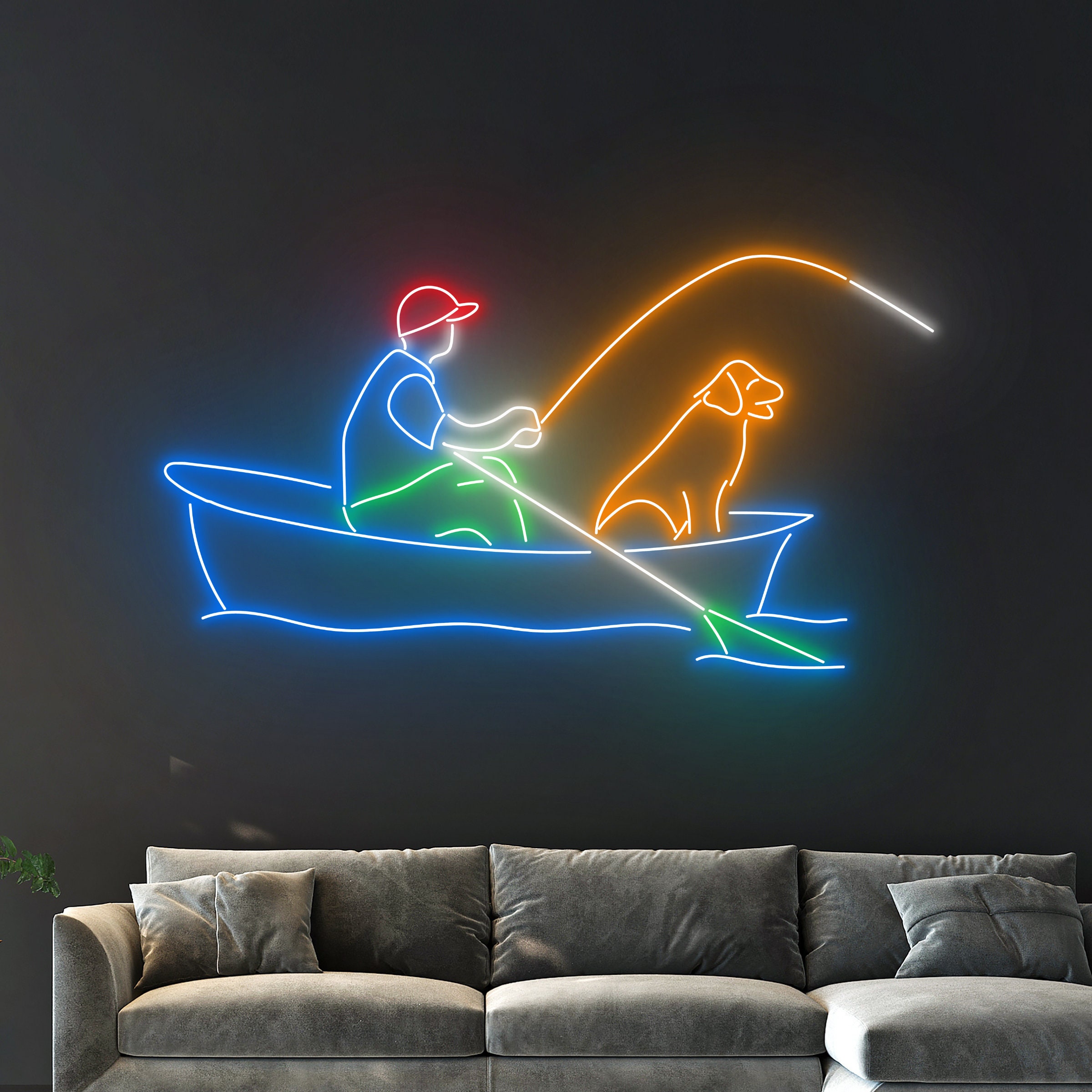 Fishing Neon Sign, Fishing on Boat Neon Light, Man and Dog Fishing Led ...