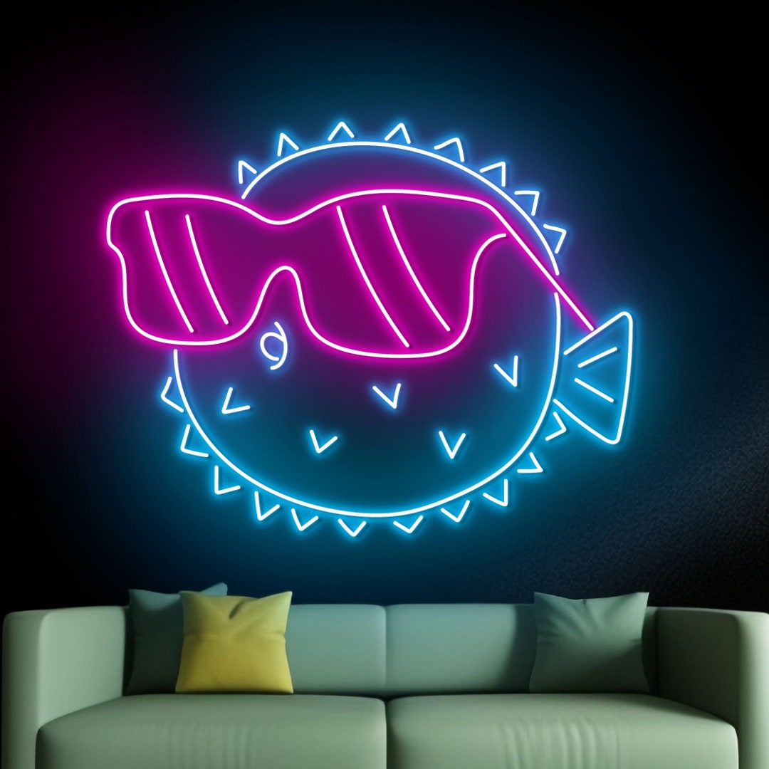 Puffer Fish Neon Wall Sign, Fish Sunglasses Led Wall Sign, Animal Neon ...