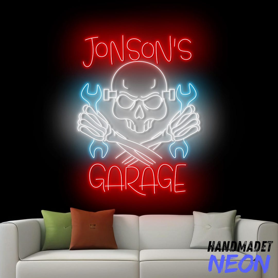 Skeleton Garage Neon Sign, Skull Garage Mechanic Led Sign, Workshop Led ...