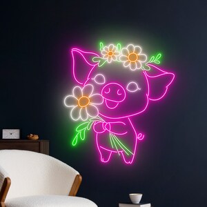 Pig Flower Neon Sign, Pig Flowers Led Sign, Pig Led Light, Cute Pig ...