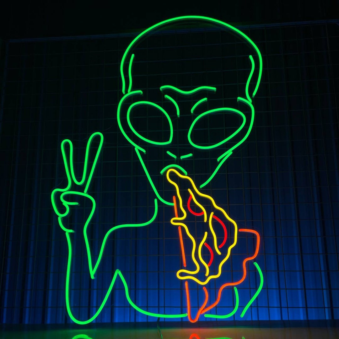 Alien Eating Pizza Neon Sign, Pizza Alien Neon Light, Alien Eats Pizza ...