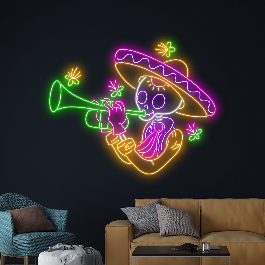 Mexican Skeleton Playing Trumpet Led Sign, Trumpet Mexico Skeleton Neon ...
