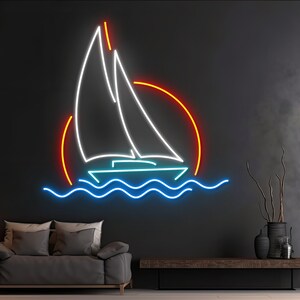 Custom Sun Waves Sailing Boat Neon Sign, Sailboat Led Sign, Sailor Led ...
