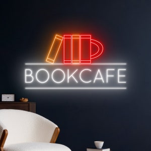 Book Cafe Neon Sign, Reading Book Lover LED Light, Book Store Neon ...