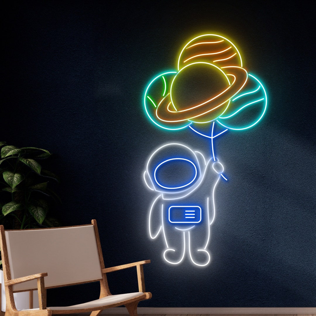 Planet Balloon Astronaut Neon Sign, Flying Astronaut Led Sign, Spaceman ...