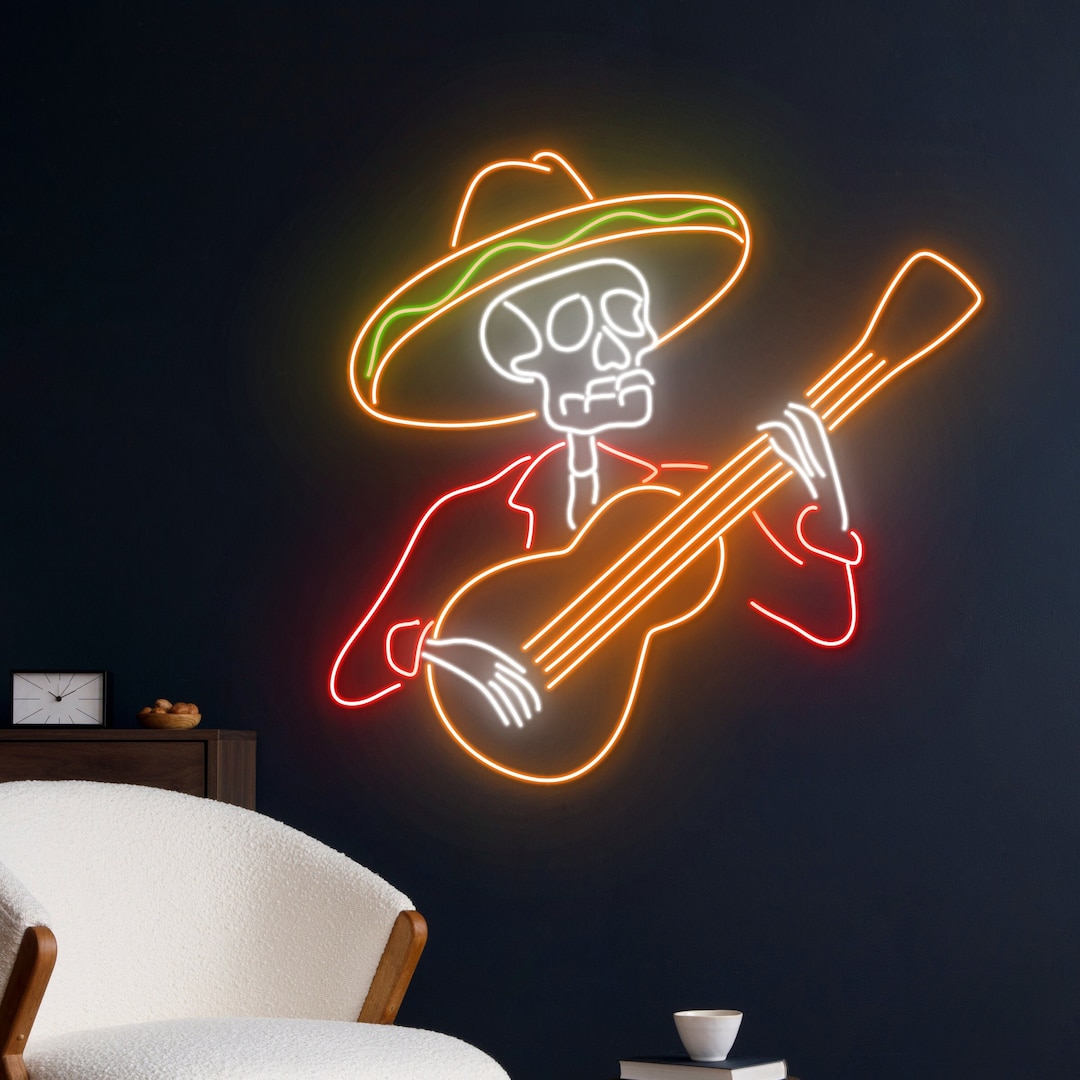 Mexican Skeleton Playing Guitar Neon Sign, Skeleton in Sombrero Neon ...