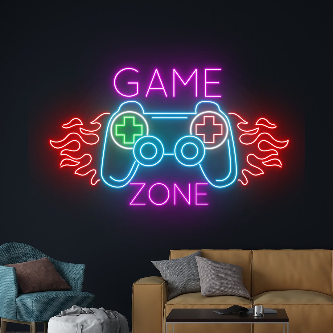 Game Zone Neon Sign, Fire Game Controller Led Sign, Burning Game Player ...