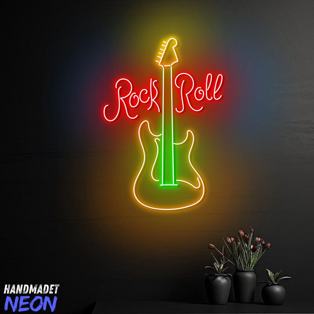 Rock & Roll Neon Sign, Electric Guitar LED Light, Custom Neon Sign ...