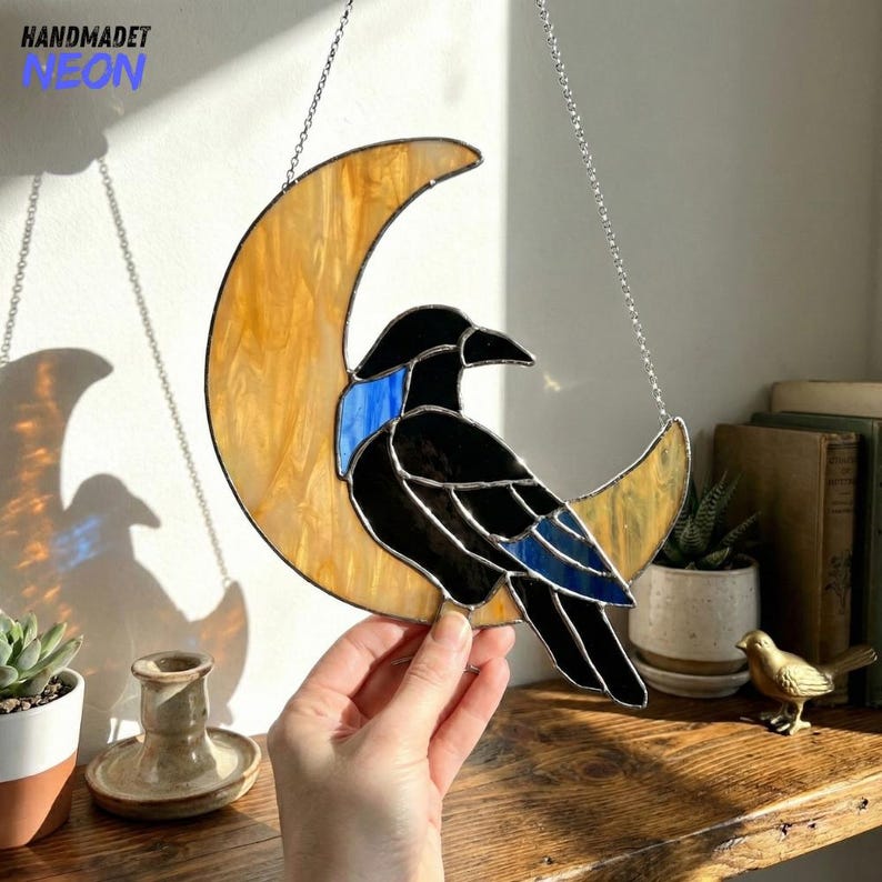 Raven on Moon Stained Glass Suncatcher, Black Crow Window Hanging ...