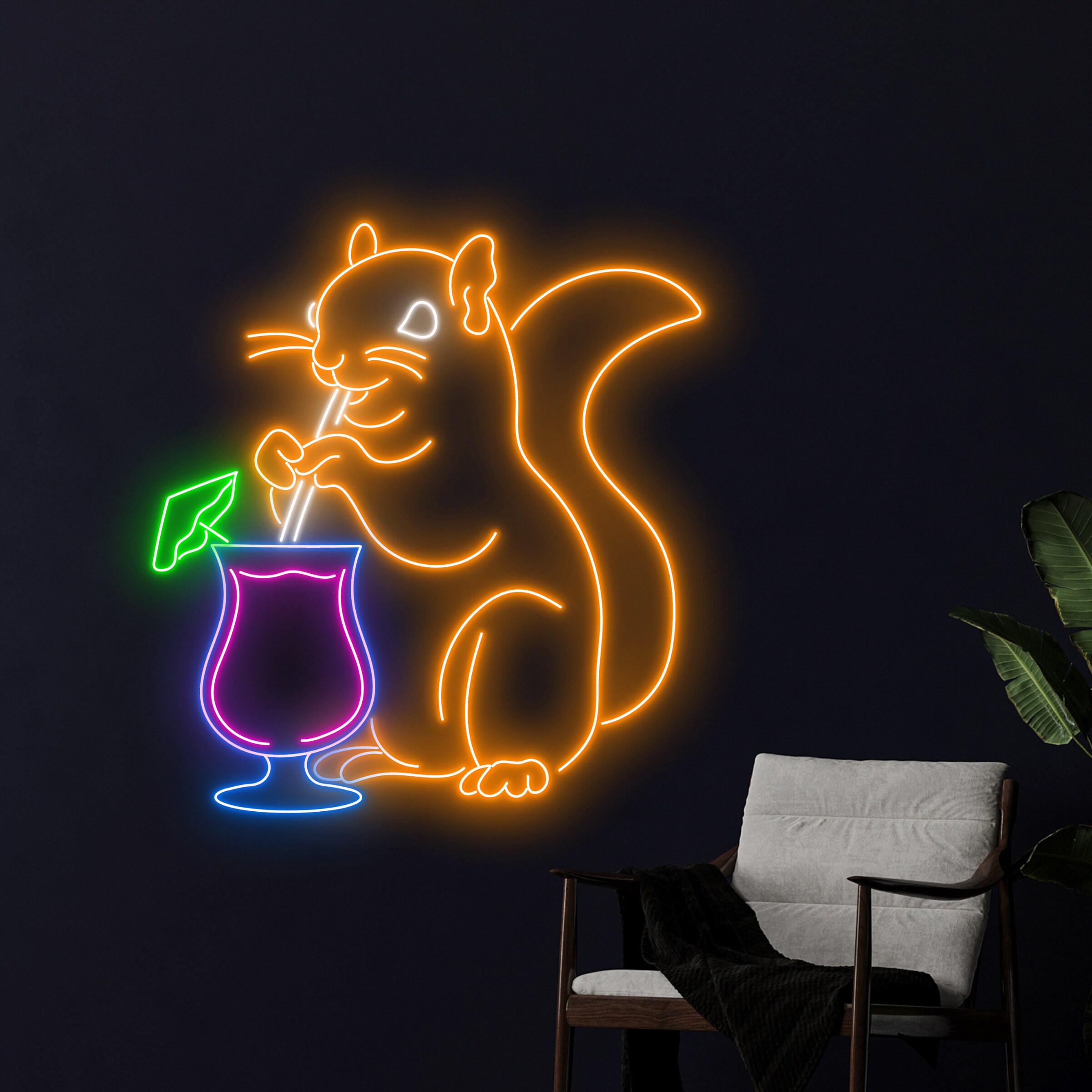 Squirrel Drinking Cocktail Neon Sign, Cocktail Animal Neon Light ...