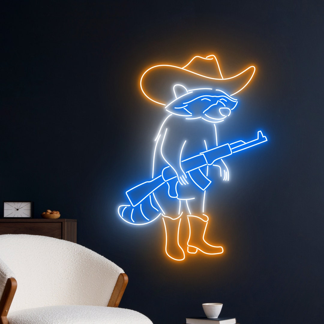Cowboy Raccoon Shooting Led Sign, Raccoon Cowboy Neon Light, Raccoon ...